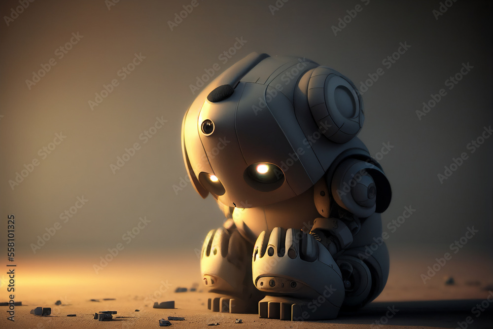 Young humanoid sad lonely robot child suffering from depression which ...