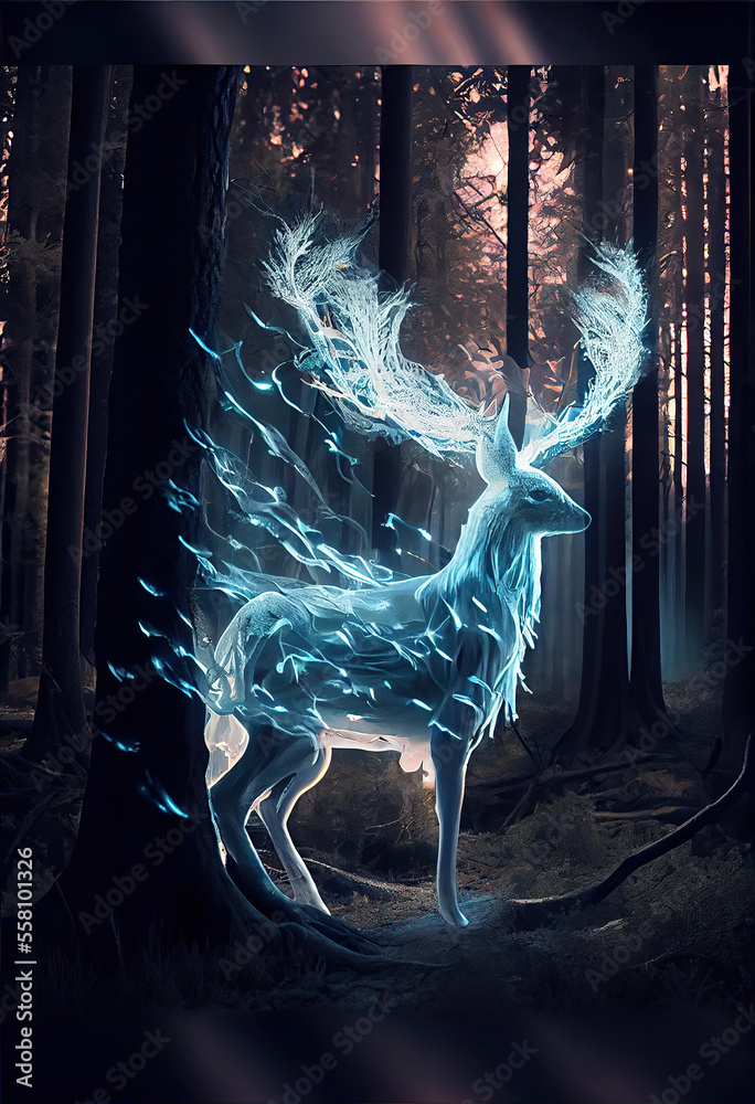 A glowing transparent deer ghost magic patronus in the forest.Character ...