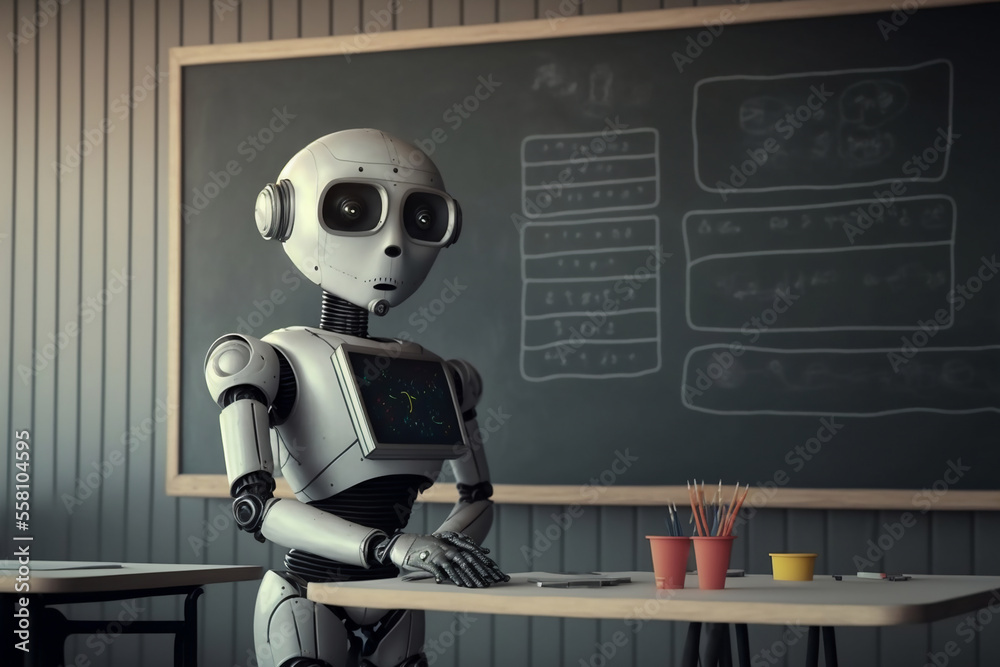 Humanoid education robot teacher in front of a school classroom ...