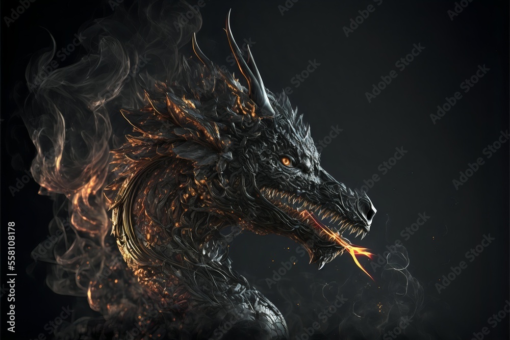 A metal dragon with a tongue of flame and smoke around on a dark ...