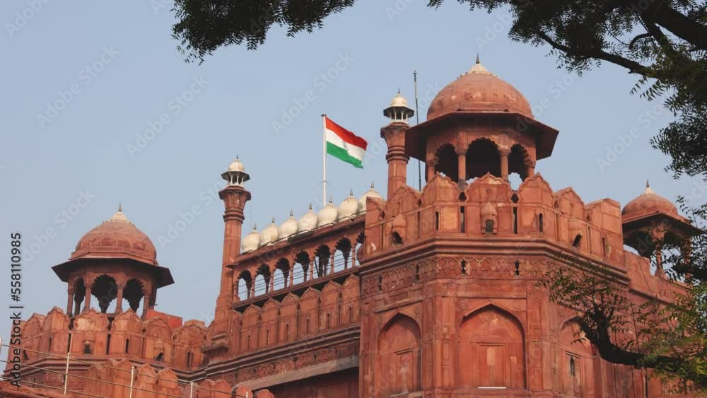 Red Fort Lal Qila with Indian flag flying. Delhi, India. Tricolor Flag ...
