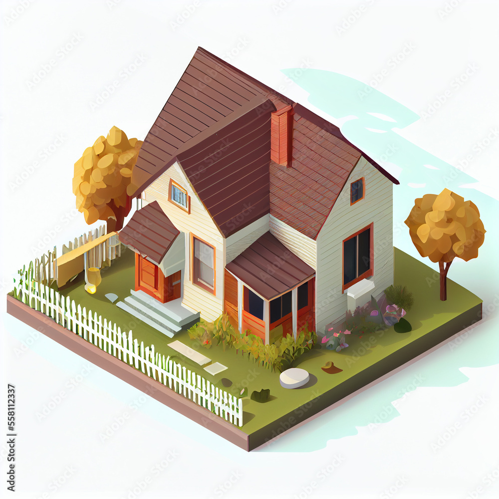 Isometric house. Illustration of an isolated house with a garden on an ...