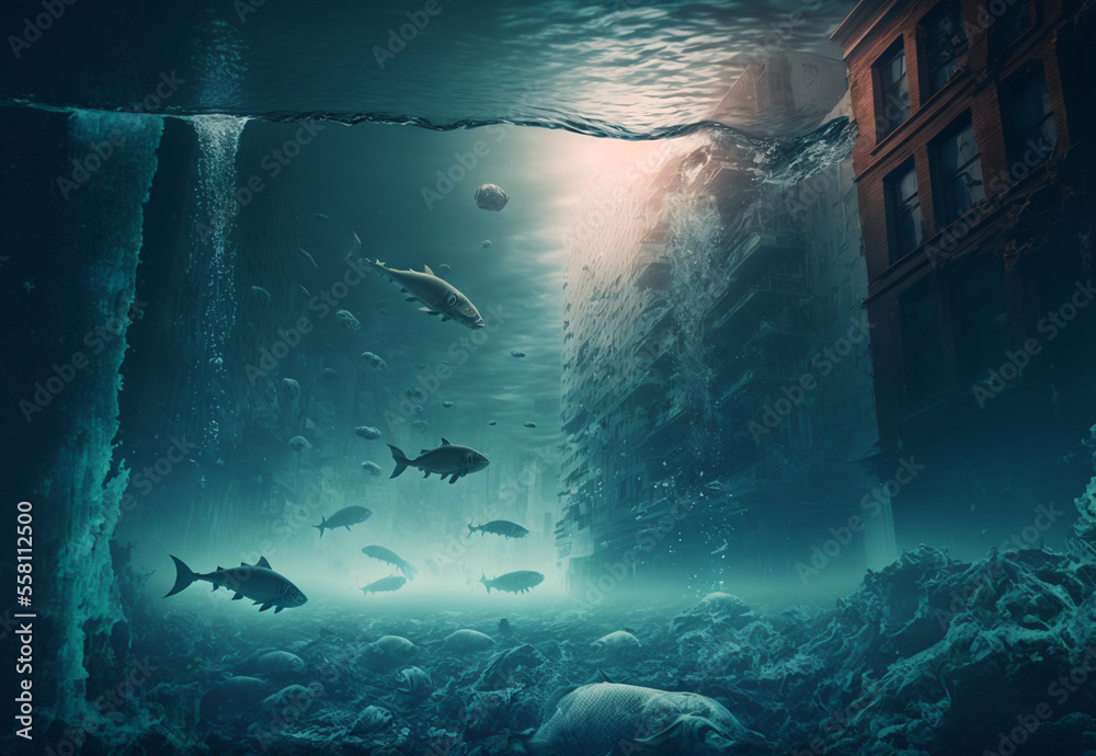 An abstract background of a city underwater due to rising sea levels ...