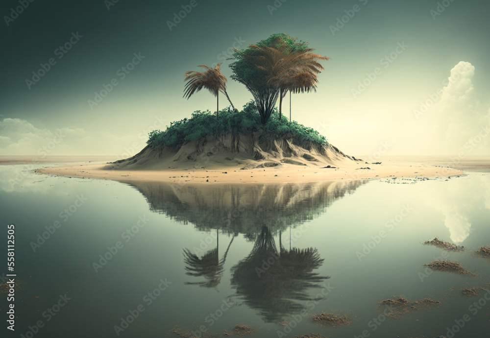 An abstract background of a deserted island due to rising sea levels ...