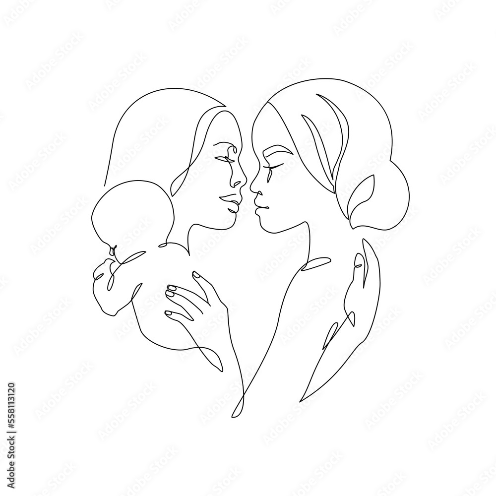 Abstract lesbian couple with a child line art drawing. LGBT lesbian ...