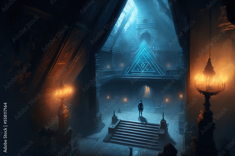 Explorer inside an ancient Egyptian pyramid. Fantasy scenery ...