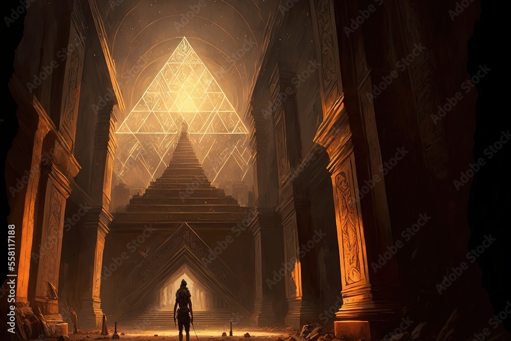 Explorer inside an ancient Egyptian pyramid. Fantasy scenery ...