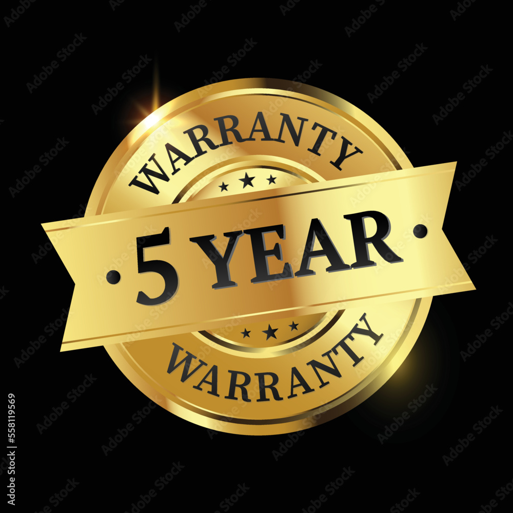 5 year warranty logo with golden shield and golden ribbon.Vector illustration. Stock Vector ...