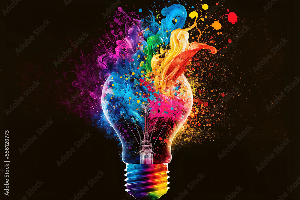 Lightbulb eureka moment with Impactful and inspiring artistic colourful ...