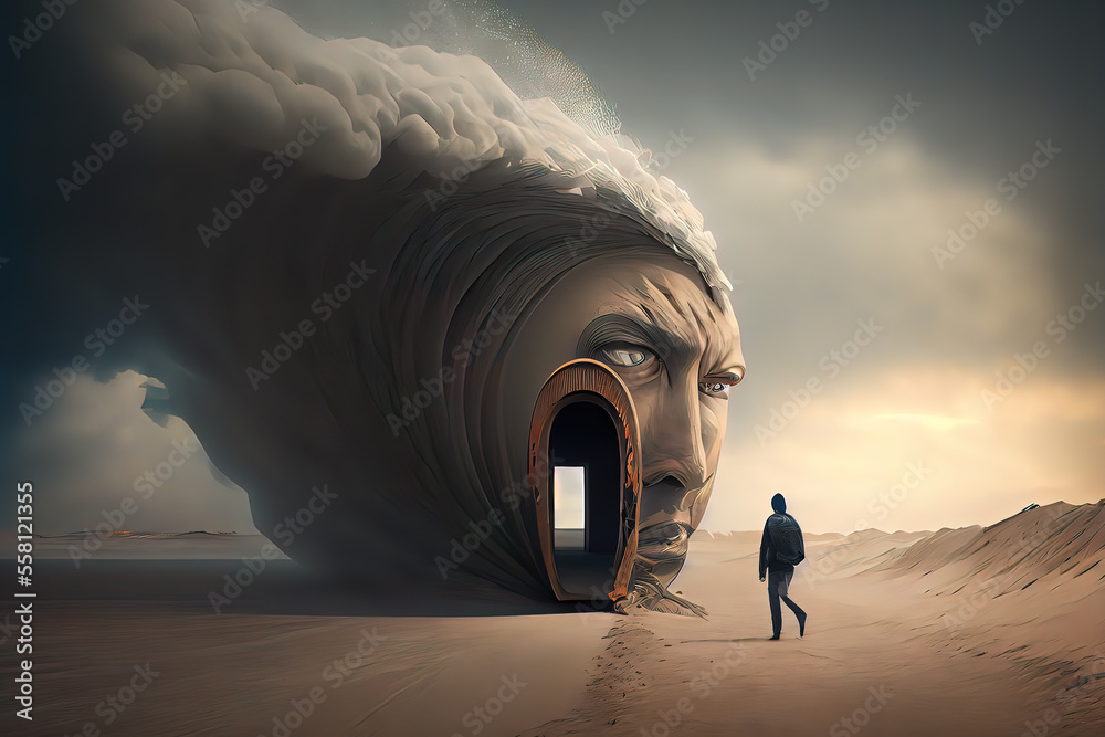 Surreal illustration with emotions and faces, desert, sand, fictional ...
