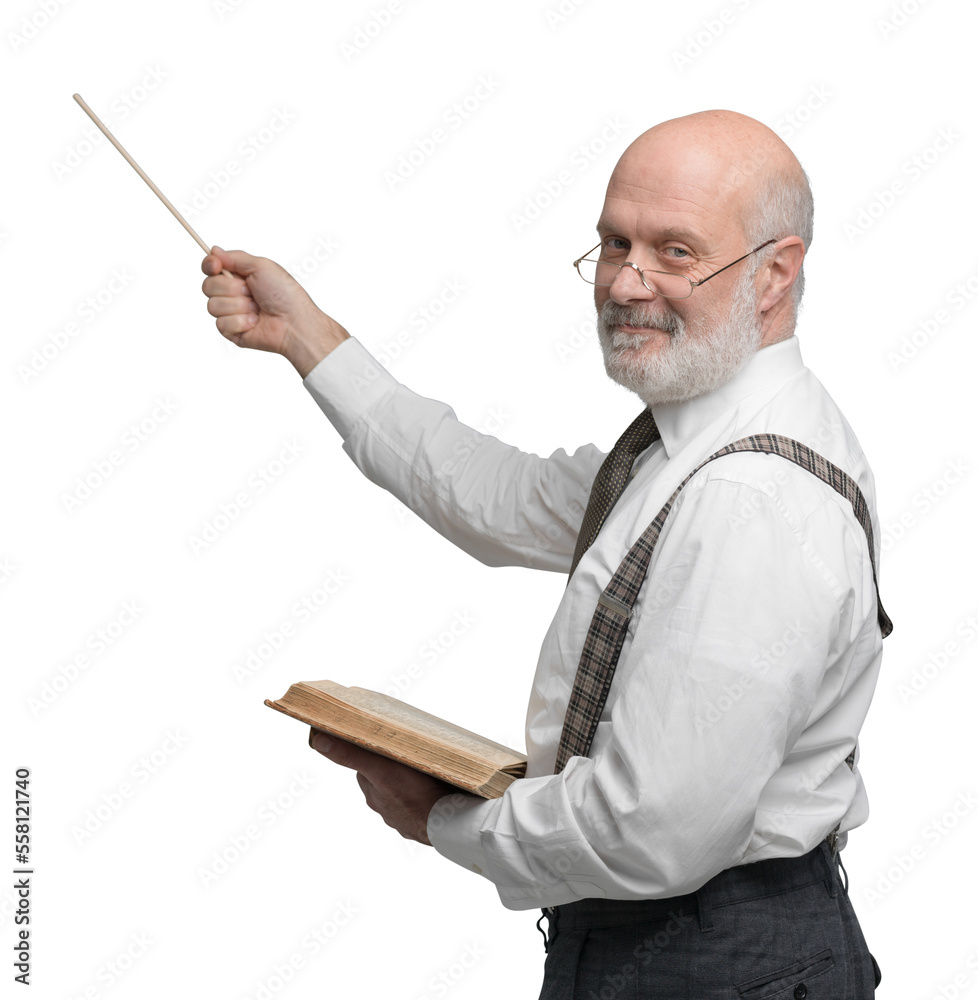 Smiling confident professor teaching and pointing at the blackboard ...