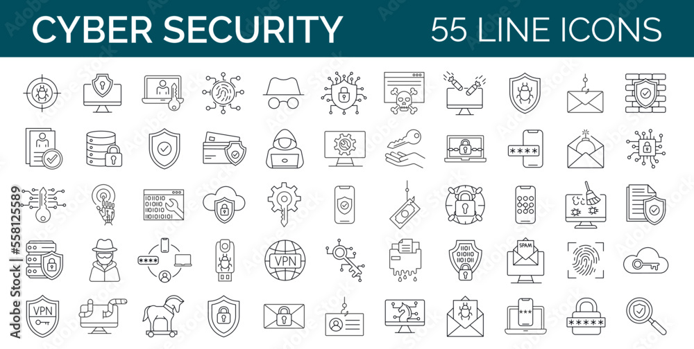 Set of 55 Cyber security and protection editable stroke pictograms ...