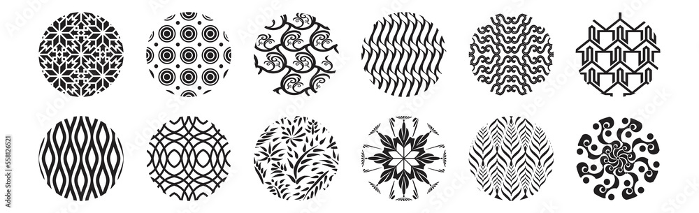 Big Set of round Abstract black Backgrounds or Patterns. Hand drawn ...