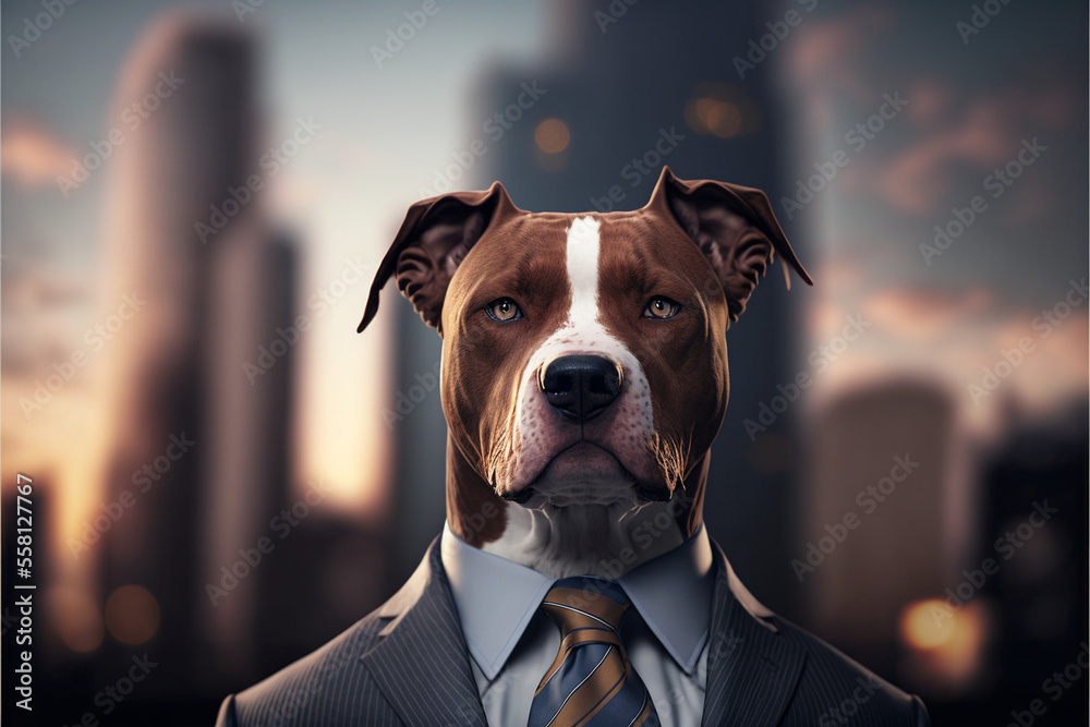 portrait of a Stafford business dog in a stylish business suit against ...