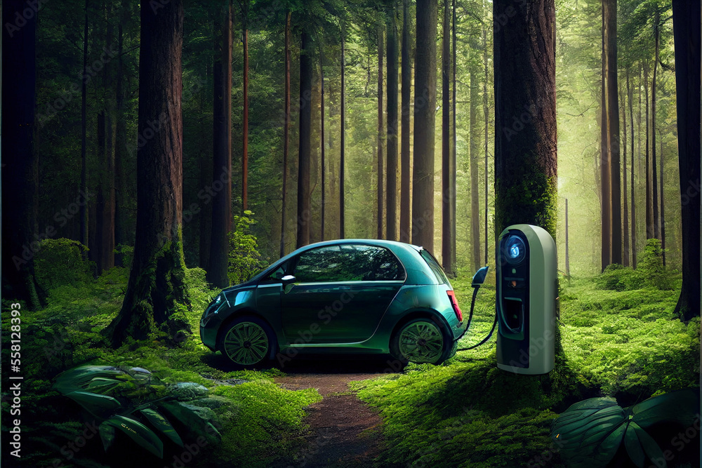 Electric car, clean green energy concept, EV car fefueling in green ...