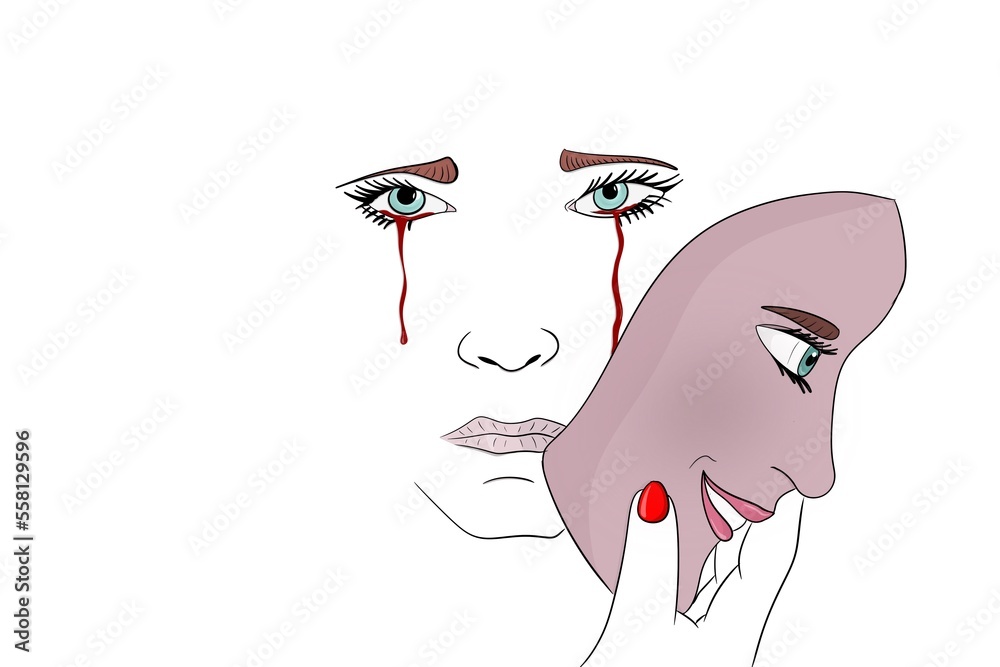 Depressed young woman covering her sad face with smiling mask. Mental ...