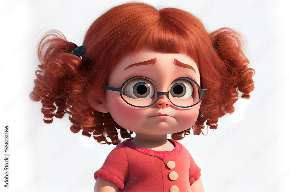 Redhead curly cute girl with big eyes in cartoon style glasses ...