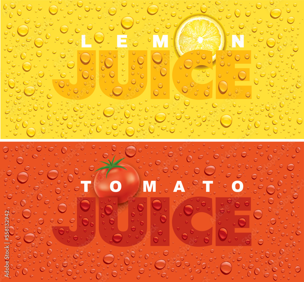 juice background with lemon slice, tomato and with many juice drops ...