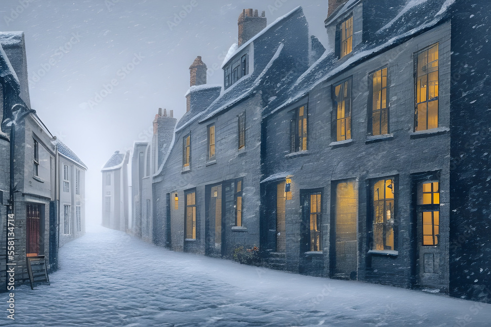Cosy winter scene with a town street covered in snow. Image created ...