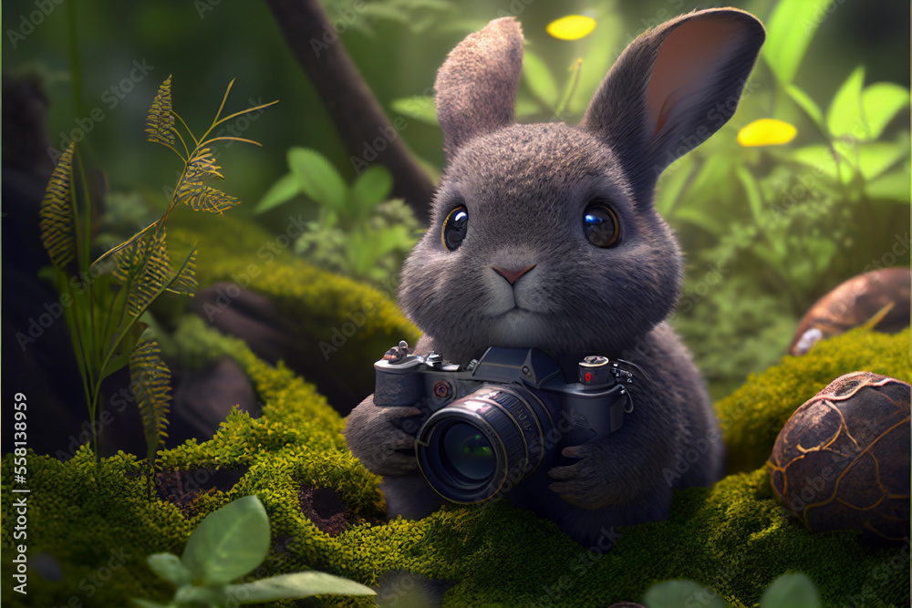 A cute hyper realistic flurry rabbit holding a camera in the jungle ...
