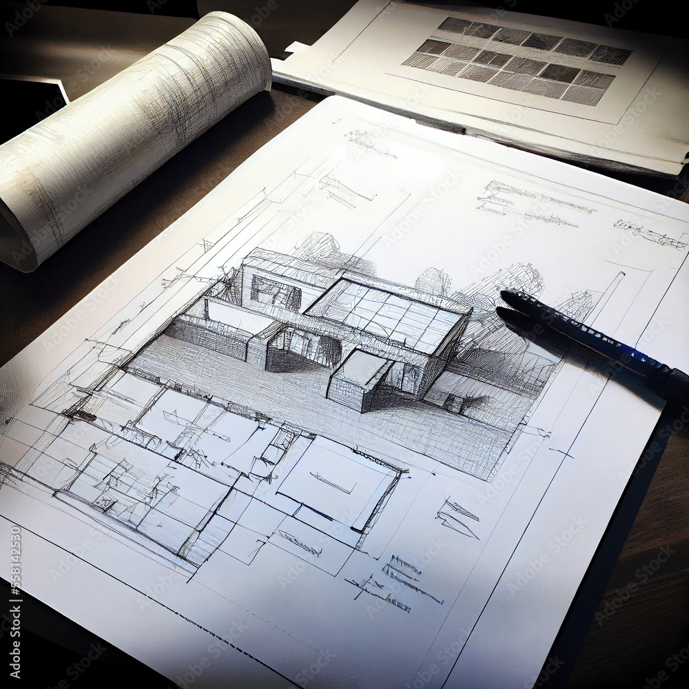 Abstract fictional architectural drawings and sketches made with ...