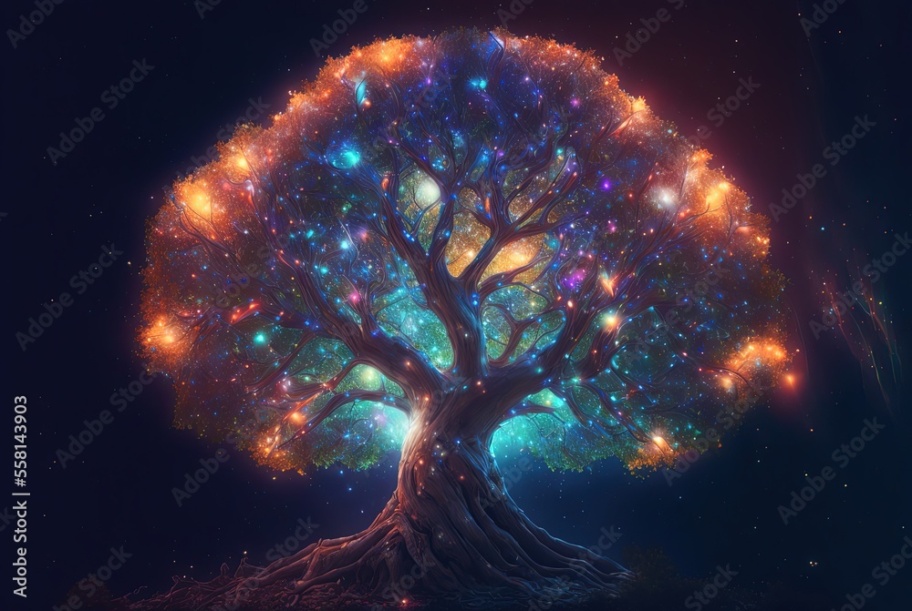 divine tree with glitter glow light, tree of the universe, tree of life ...