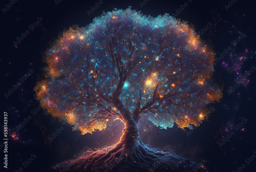 divine tree with glitter glow light, tree of the universe, tree of life ...