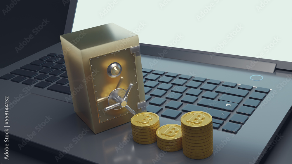 Receiving income using modern laptop. 3d realistic laptop with gold ...
