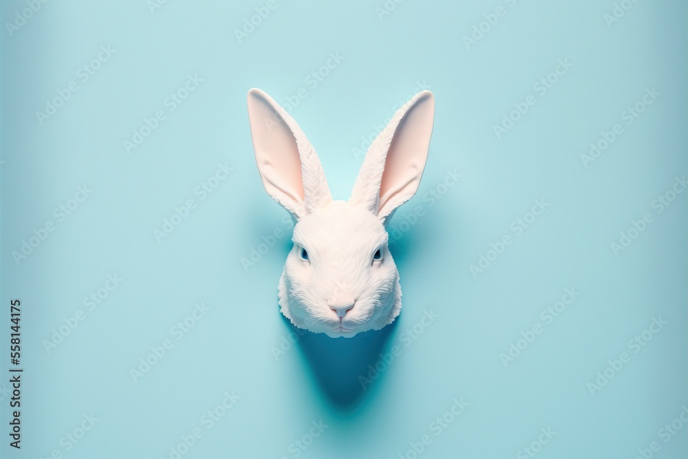 a white rabbit's head is shown from above on a light blue background ...