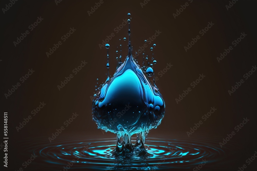 a blue liquid drop falling into a dark pool of water on a black ...