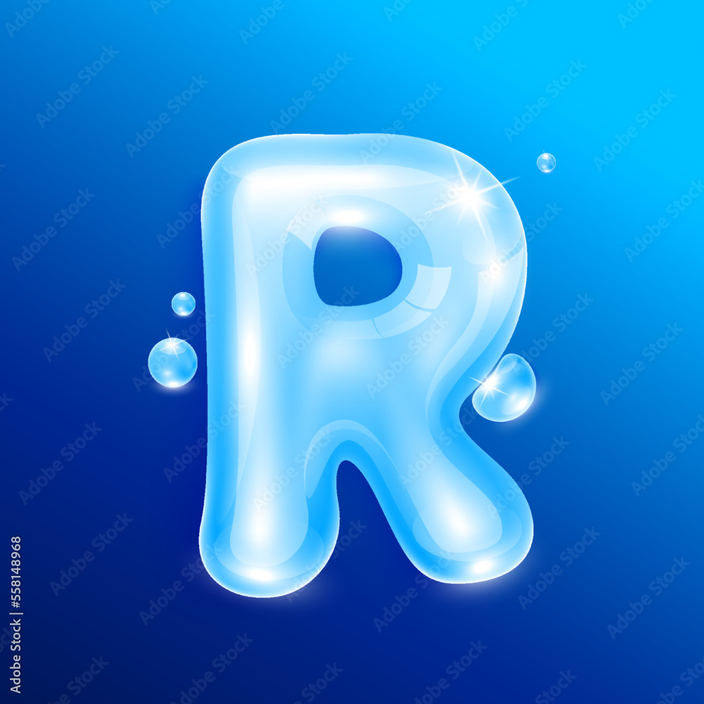 Water alphabet letter R. Font type uppercase letters isolated on blue ...
