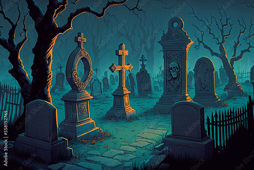 zoom background, old cemetery filled with monsters on Halloween night ...