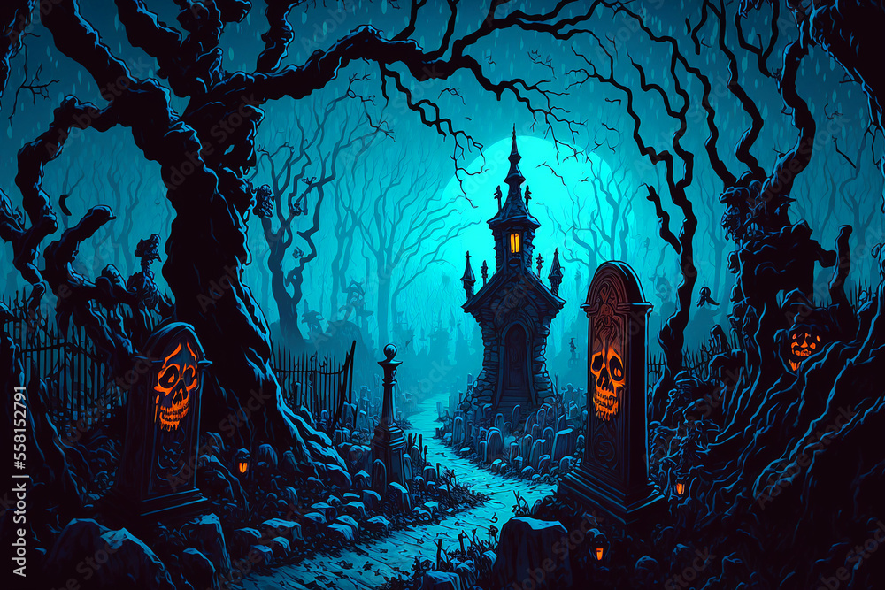 zoom background, old cemetery filled with monsters on Halloween night ...