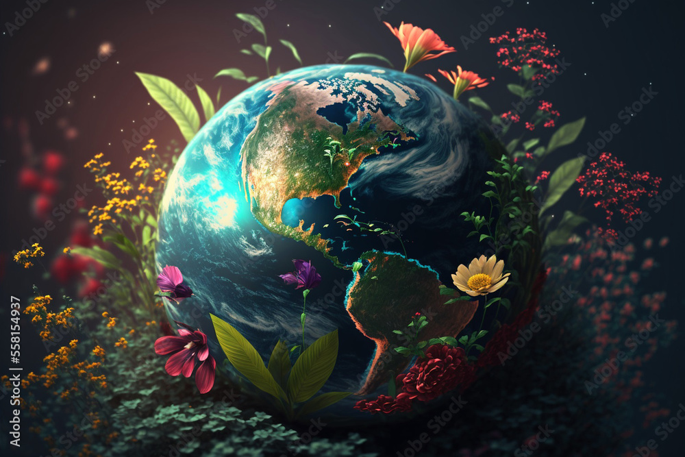 beautiful planet earth made of flowers and sprouting plants, save the ...