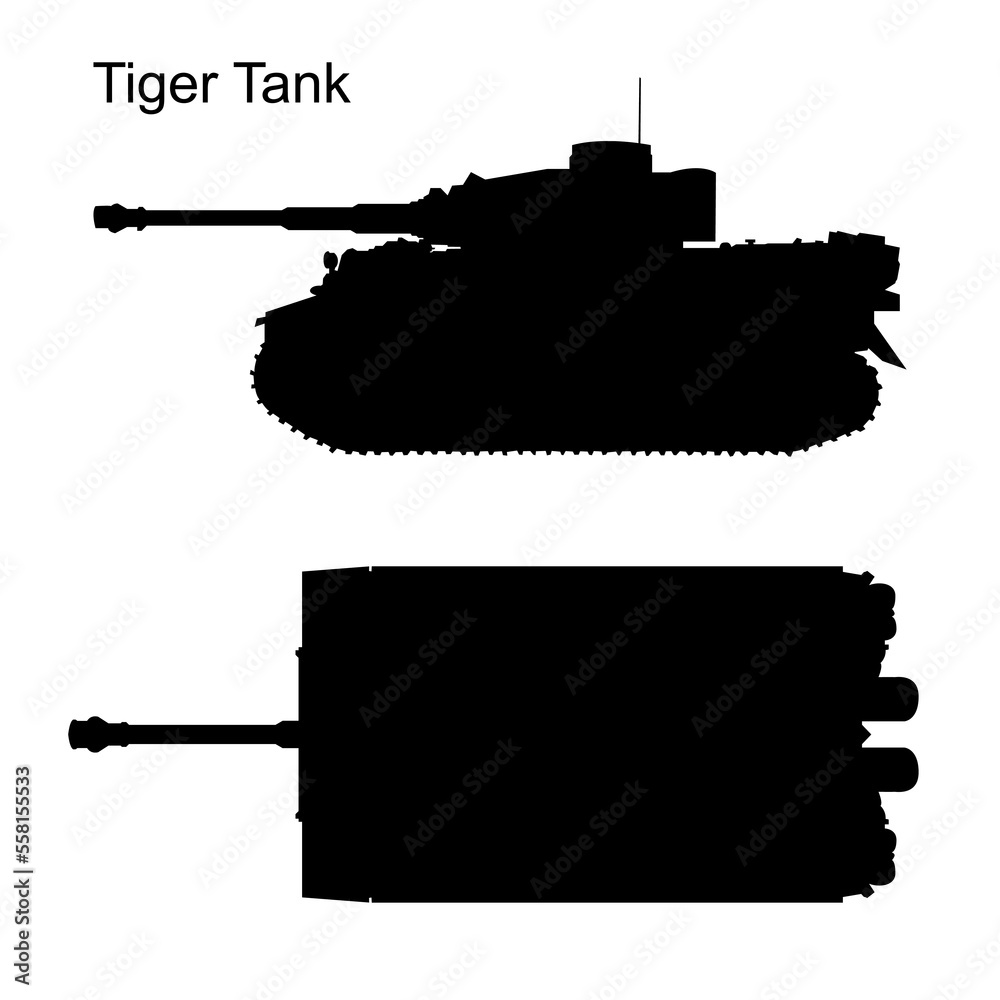 Silhouette illustration of tiger military tank. Side and top view of a ...