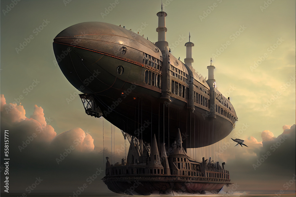 Gothic airship over the sea ai art Stock Illustration | Adobe Stock
