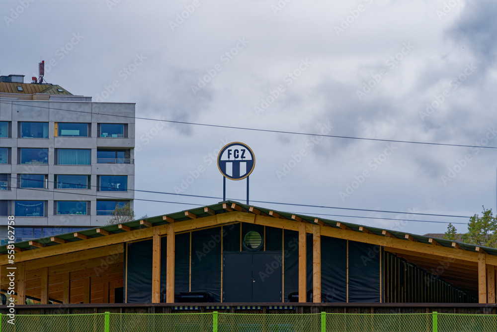 Logo on rooftop of campus of Zürich football club FCZ at Zürich ...