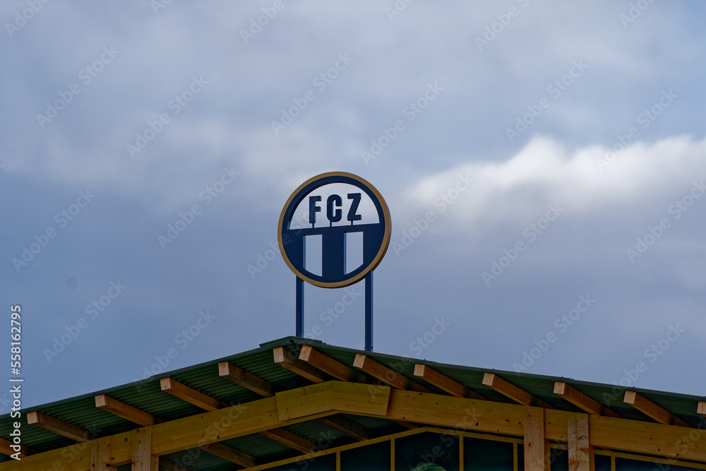 Logo on rooftop of campus of Zürich football club FCZ at Zürich ...