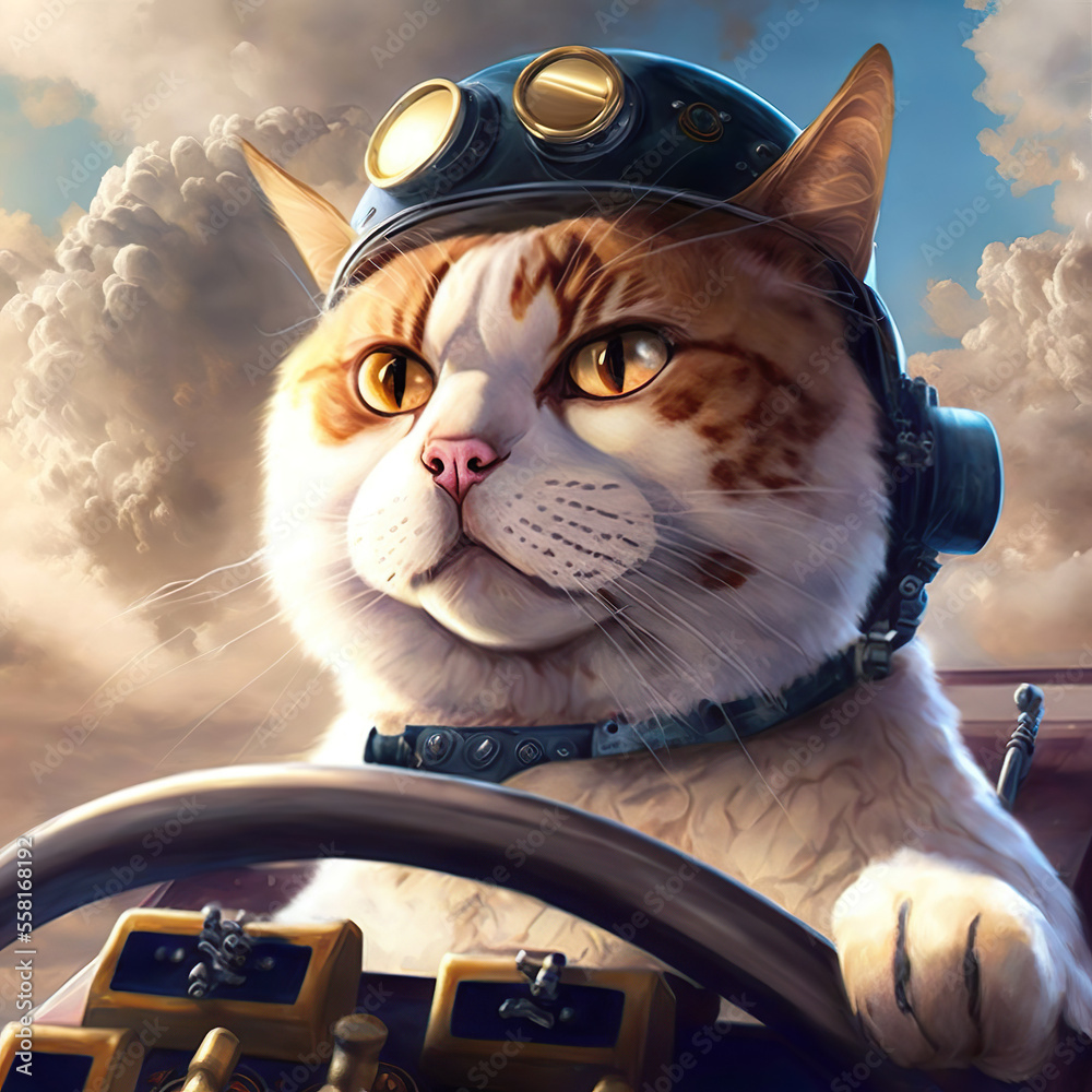 A pilot cat in a helmet piloting an aircraft in the cloudy sky. Created ...