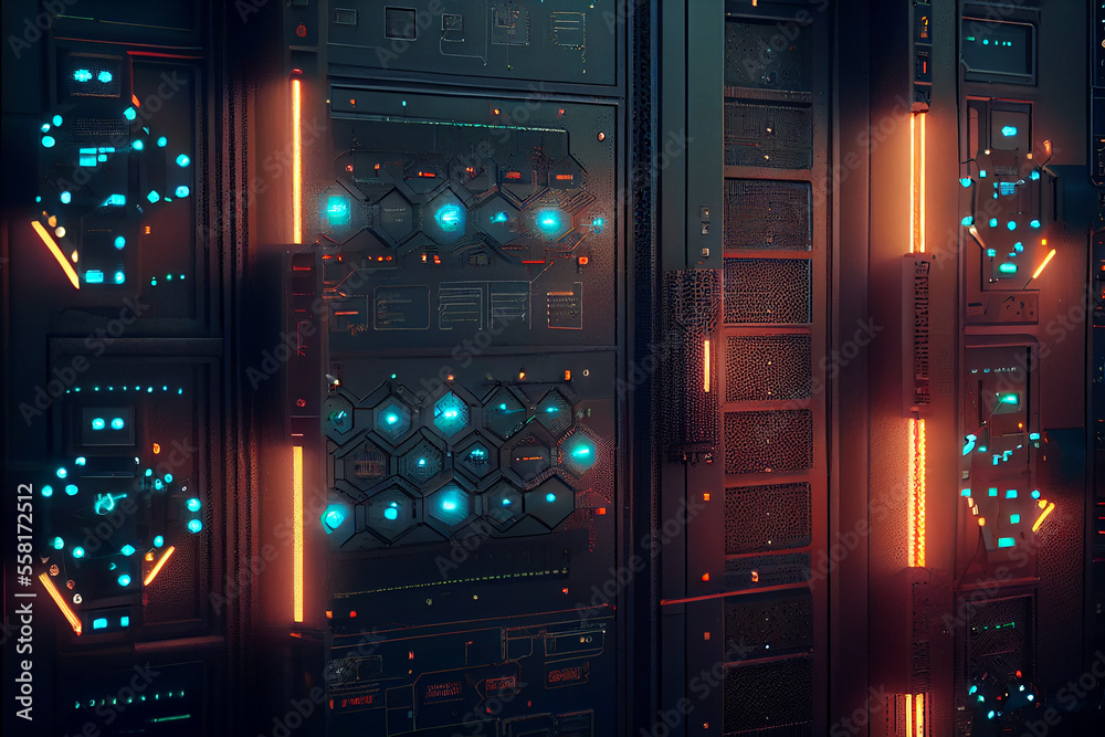 glowing sci-fi server room background. generative ai Stock Illustration ...