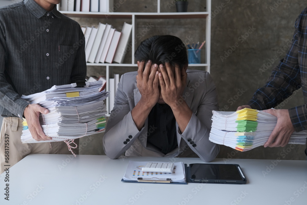 Stress, anxiety and multitasking businessman with headache from ...