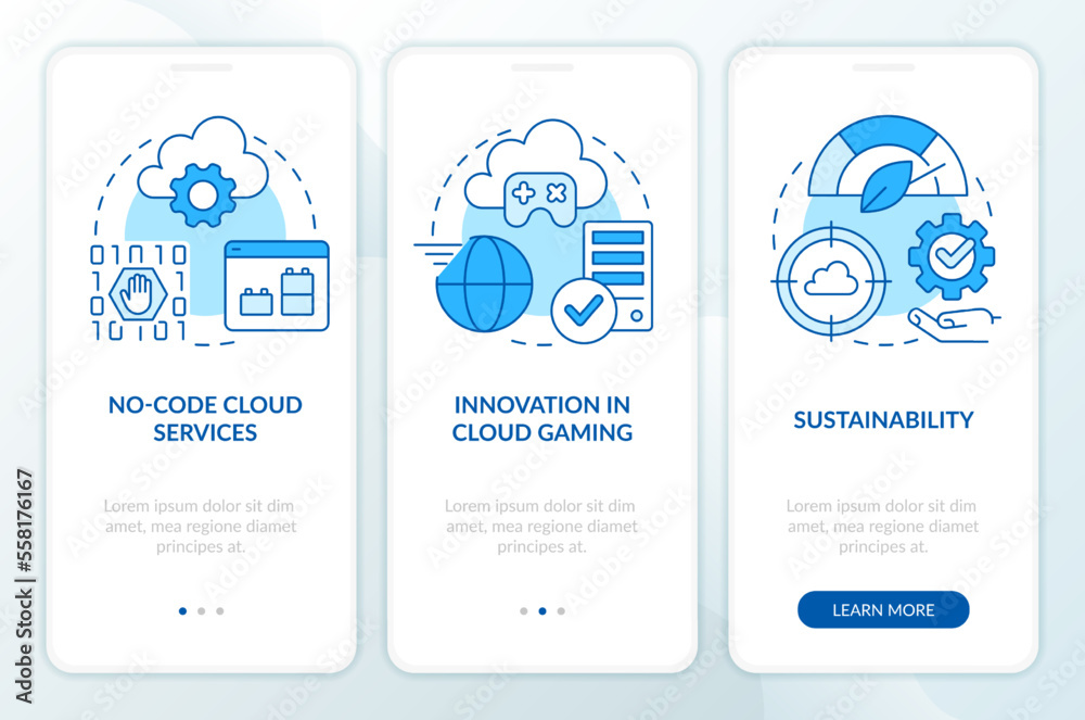 Cloud computing technologies blue onboarding mobile app screen ...