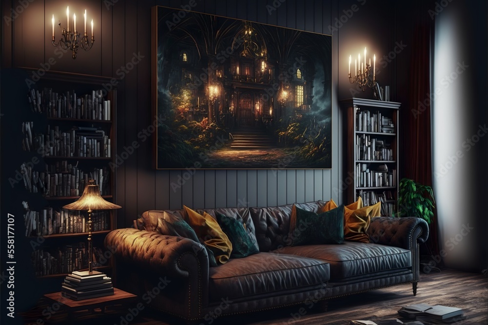 Dark fantasy style dungeon living room old mansion interior with wooden ...