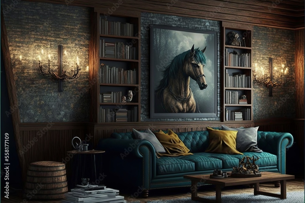 Dark fantasy style dungeon living room old mansion interior with wooden ...