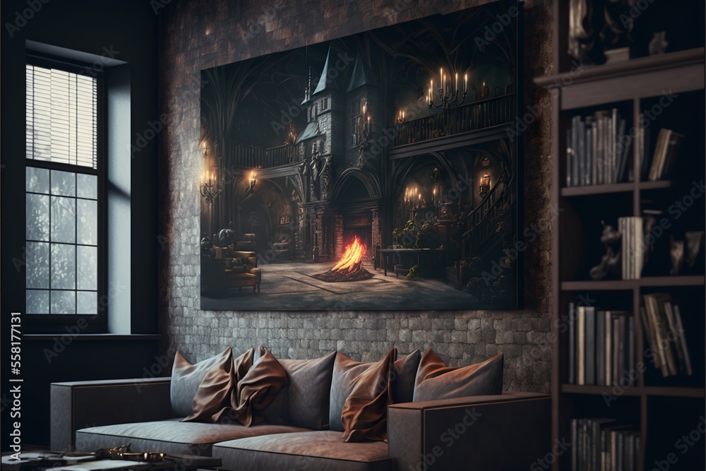 Dark fantasy style dungeon living room old mansion interior with wooden ...