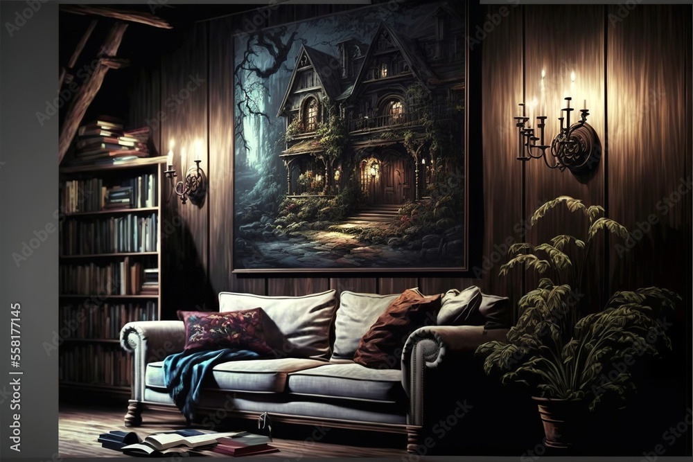 Dark fantasy style dungeon living room old mansion interior with wooden ...