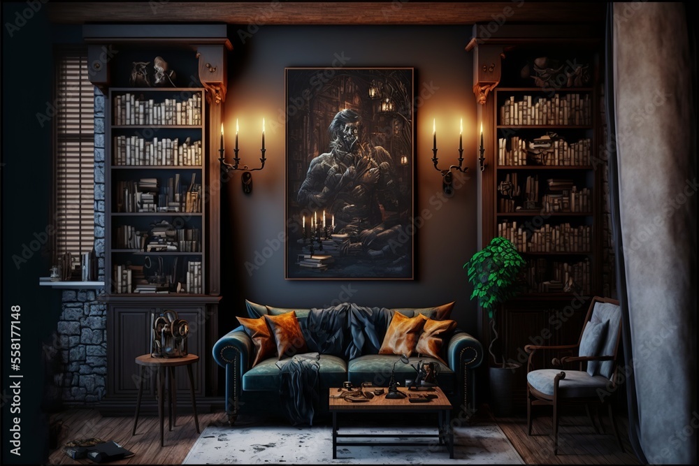 Dark fantasy style dungeon living room old mansion interior with wooden ...