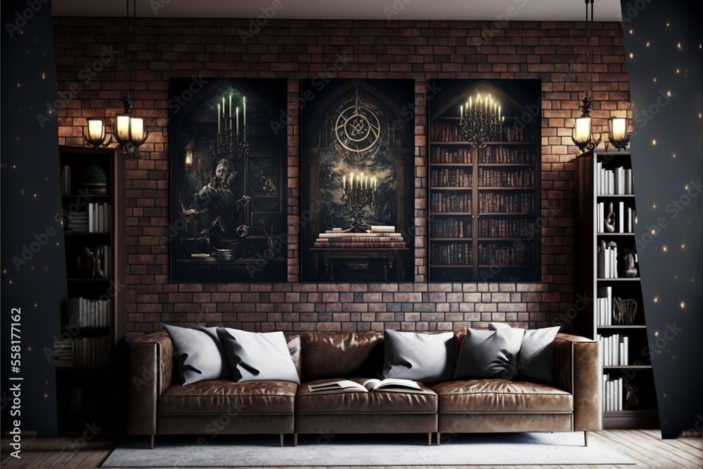 Creepy fantasy dungeon living room interior with wooden and brick wall ...