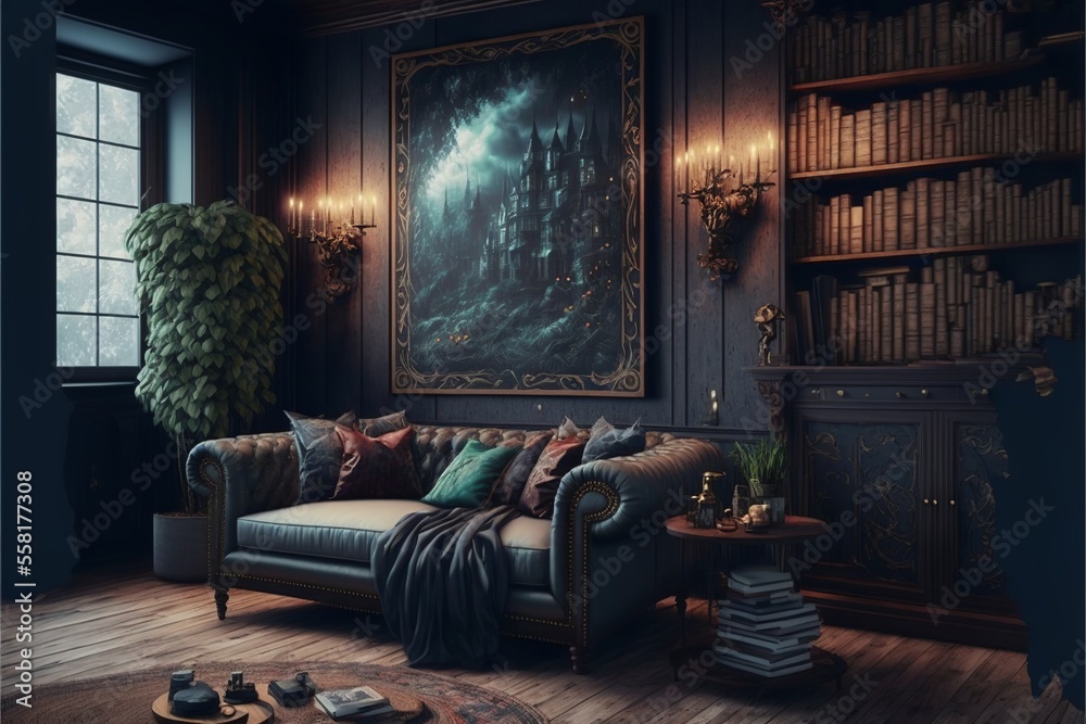 Gothic fantasy dungeon style living room interior with wooden and brick ...