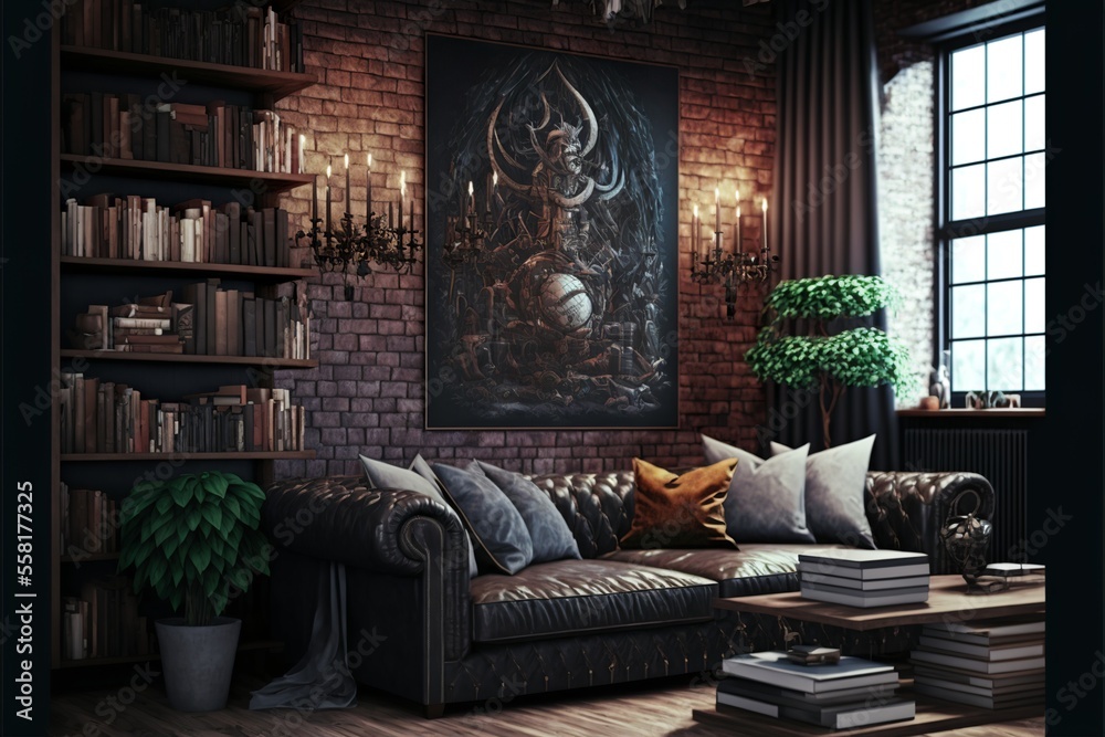 Gothic fantasy dungeon style living room interior with wooden and brick ...